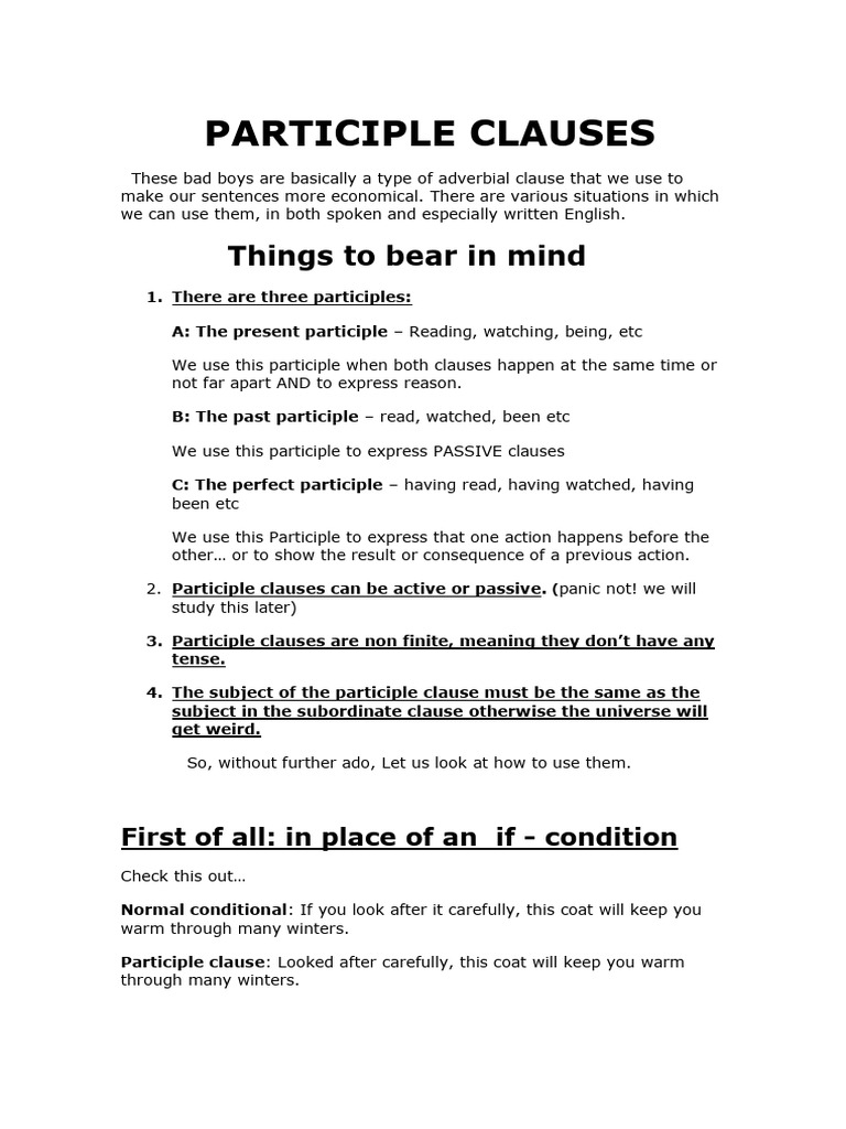 PARTICIPLE CLAUSES THE ULTIMATE GUIDE (1) | PDF | Subject (Grammar ...
