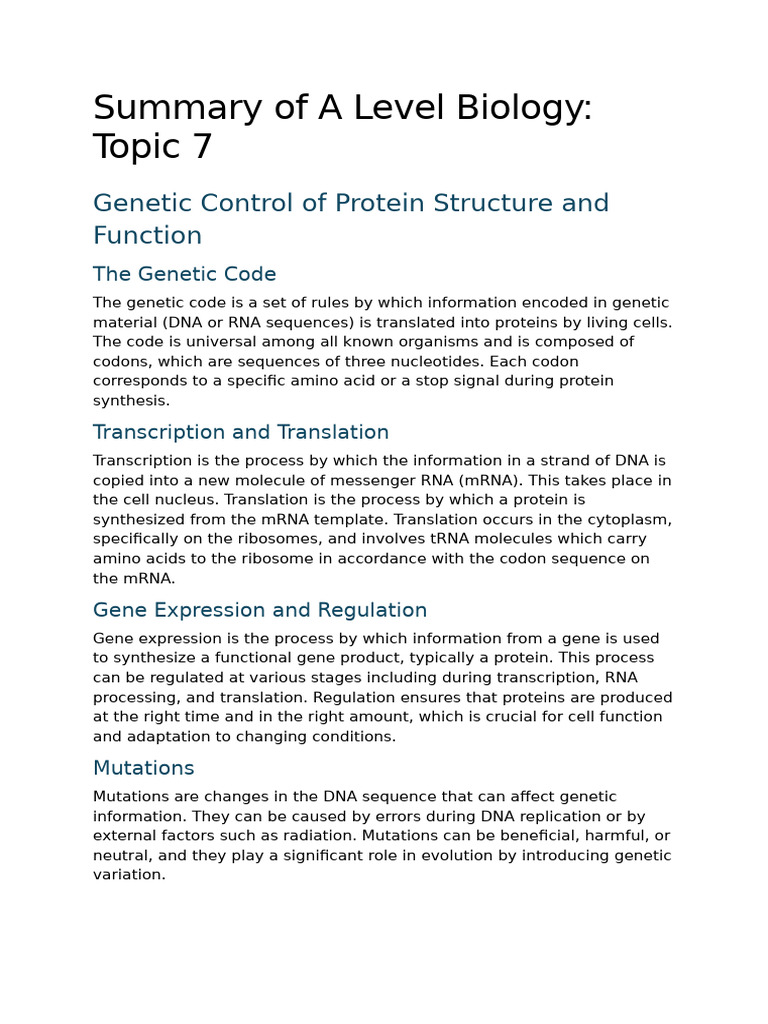 Genetic Control in A Level Biology | PDF | Translation (Biology) | Genetics