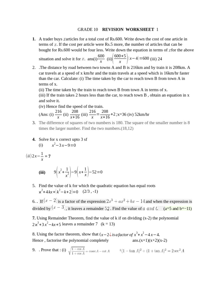 Grade 10 Math Revision Worksheet | PDF | Factorization | Abstract Algebra