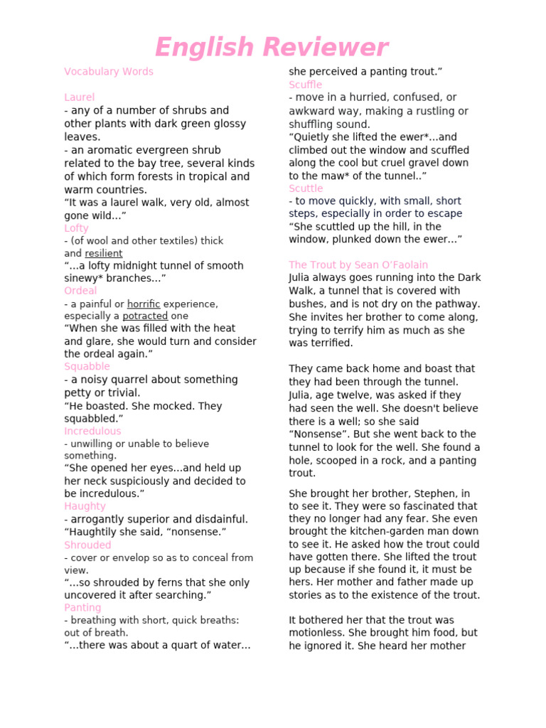 Vocabulary Words & The Trout | PDF