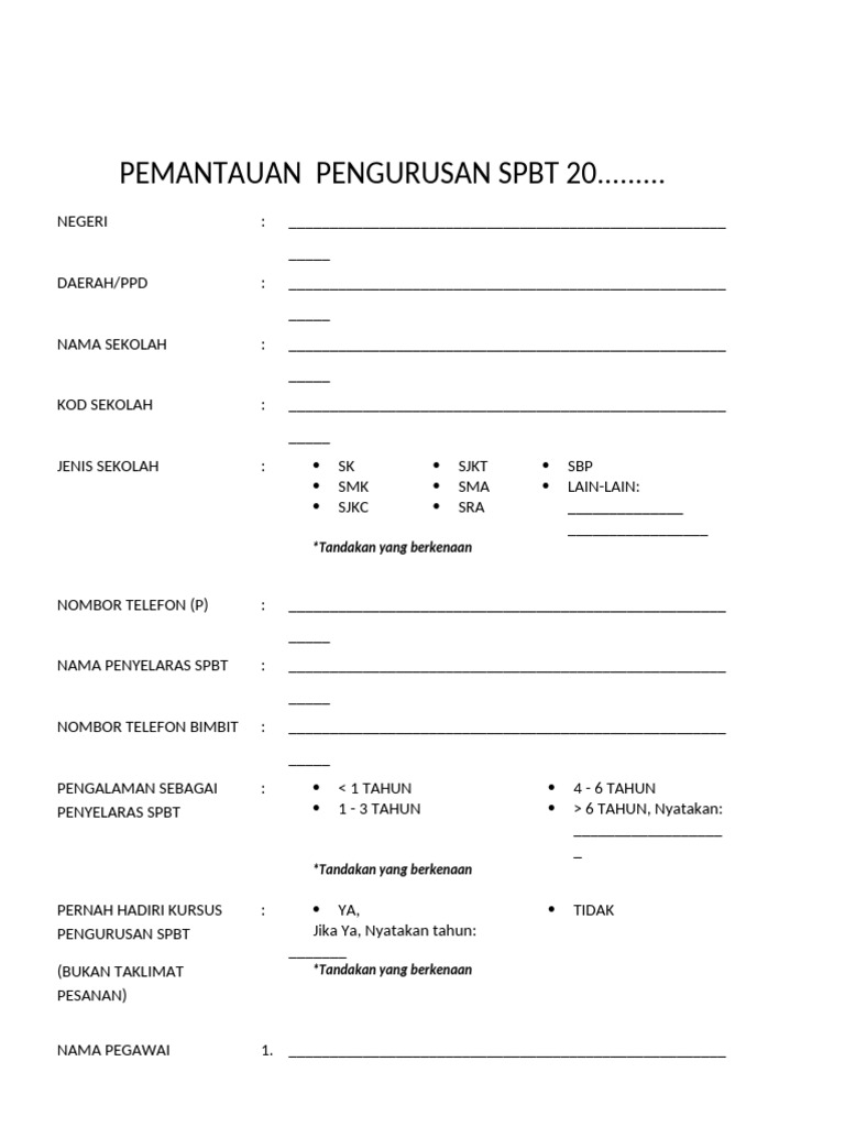 Instrumen Pemantauan Pengurusan SPBT Sekolah | PDF