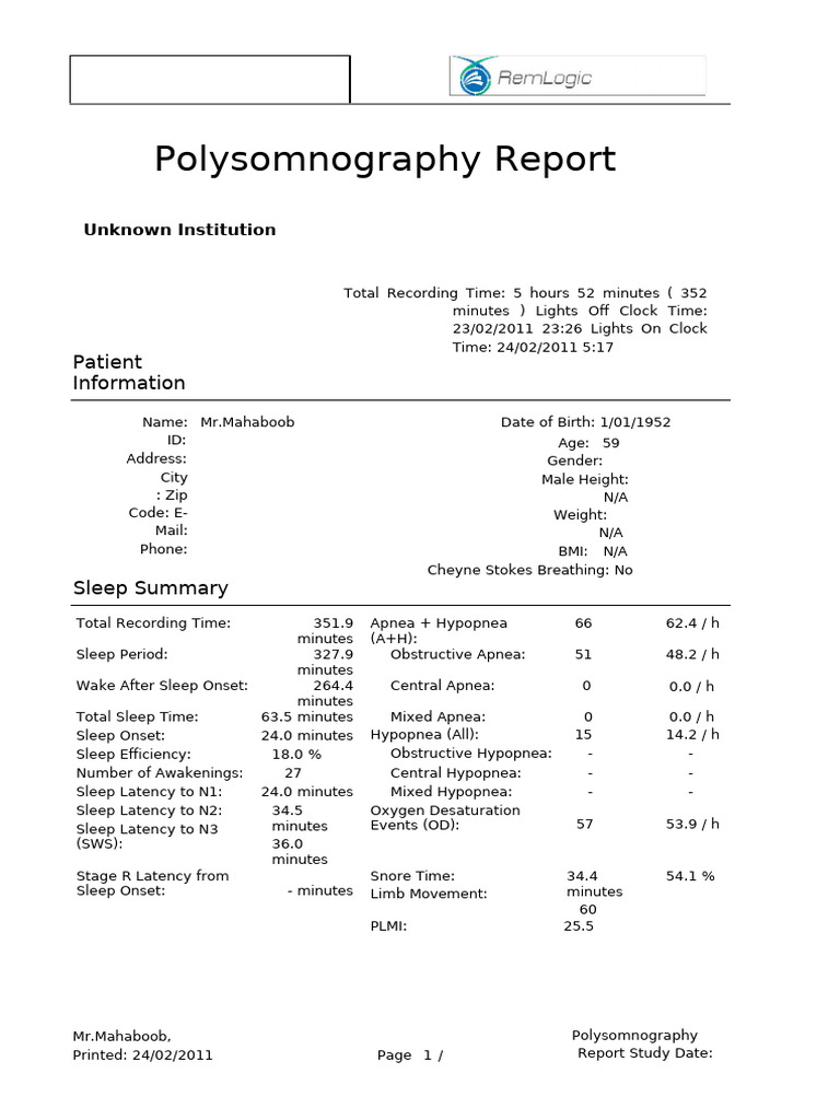 Polysomnography Report for Mr. Mahaboob | PDF | Sleep | Determinants Of Health