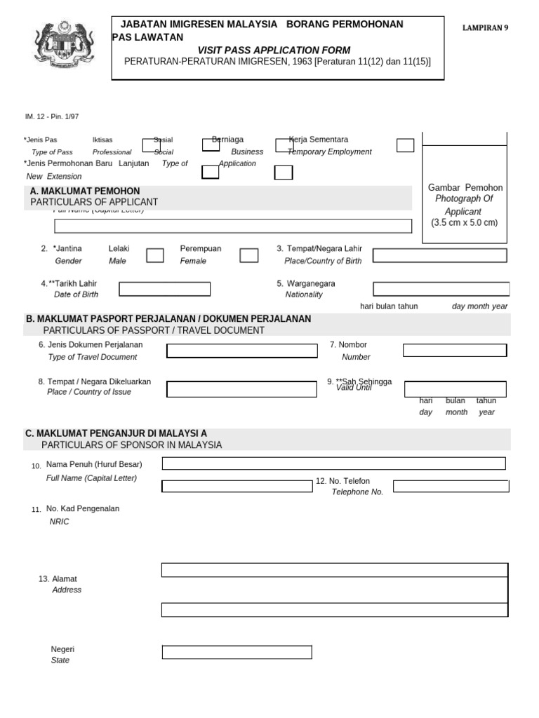 Jabatan Imigresen Malaysia Borang Permohonan Pas Lawatan: Visit Pass Application Form | PDF