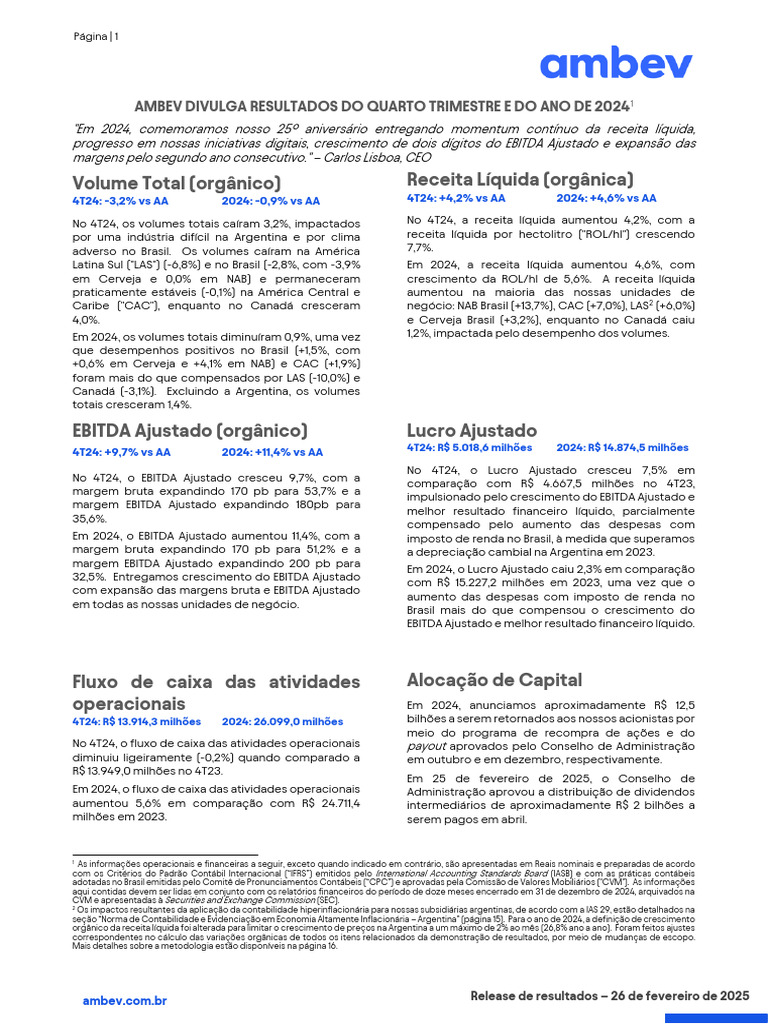 ambev 4t24 | PDF | Contabilidade | Custo