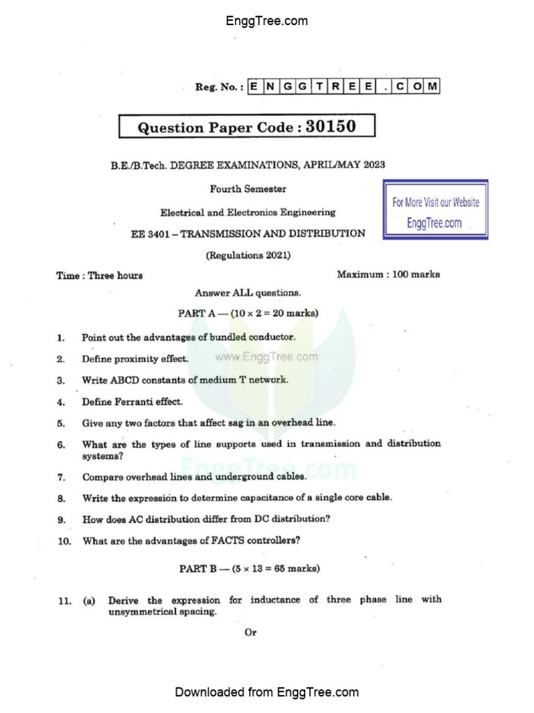 EE3401 Transmission and Distribution Apr May 2023 Question Paper ...