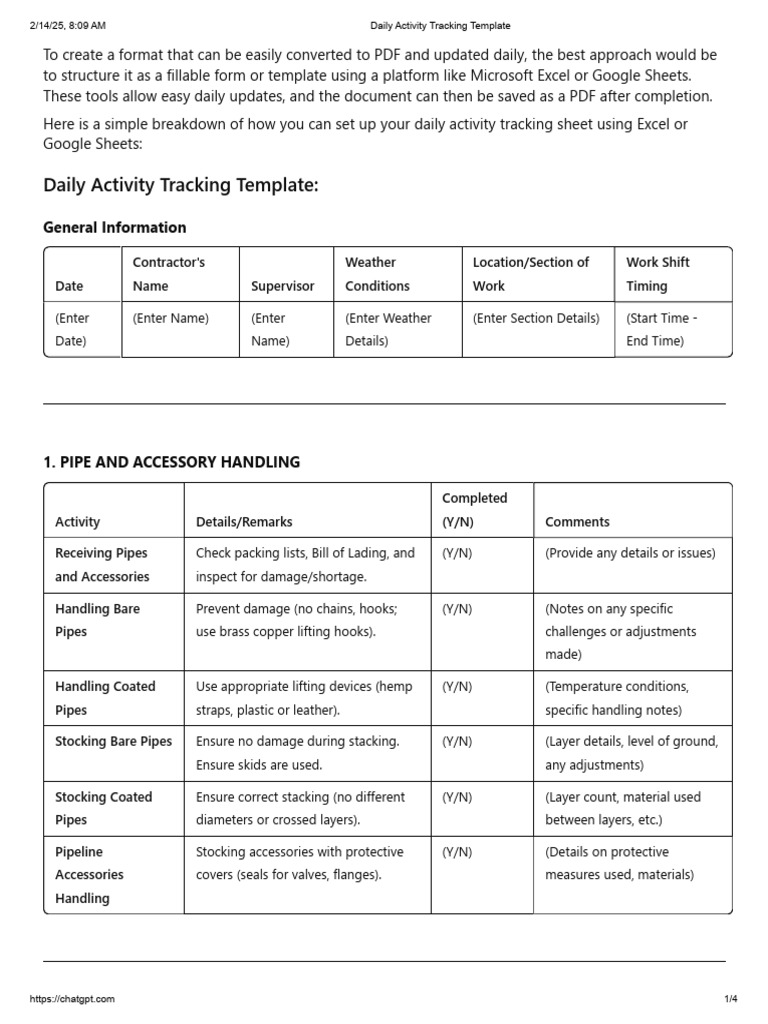 3 Daily Activity Tracking Template | PDF | Pipe (Fluid Conveyance ...