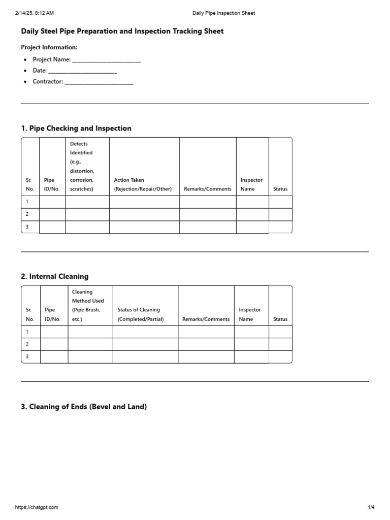 4 Daily Pipe Inspection Sheet | PDF | Pipe (Fluid Conveyance ...
