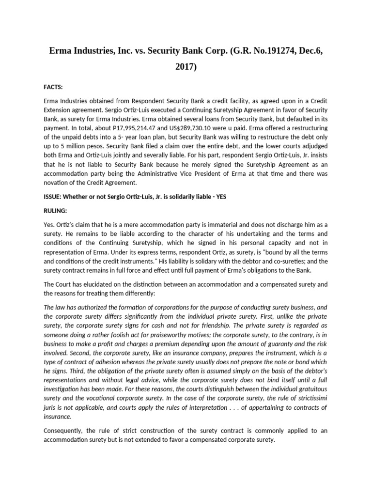 Erma Industries Inc. vs. Security Bank Corp. G.R. No.191274 Dec.6 2017 ...