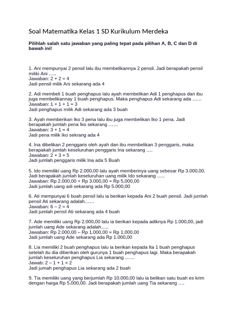 Contoh Soal Matematika Kelas 1 SD Kurikulum Merdeka | PDF