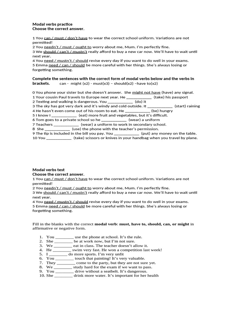 Modal verbs practice | PDF | Linguistic Typology | Syntax