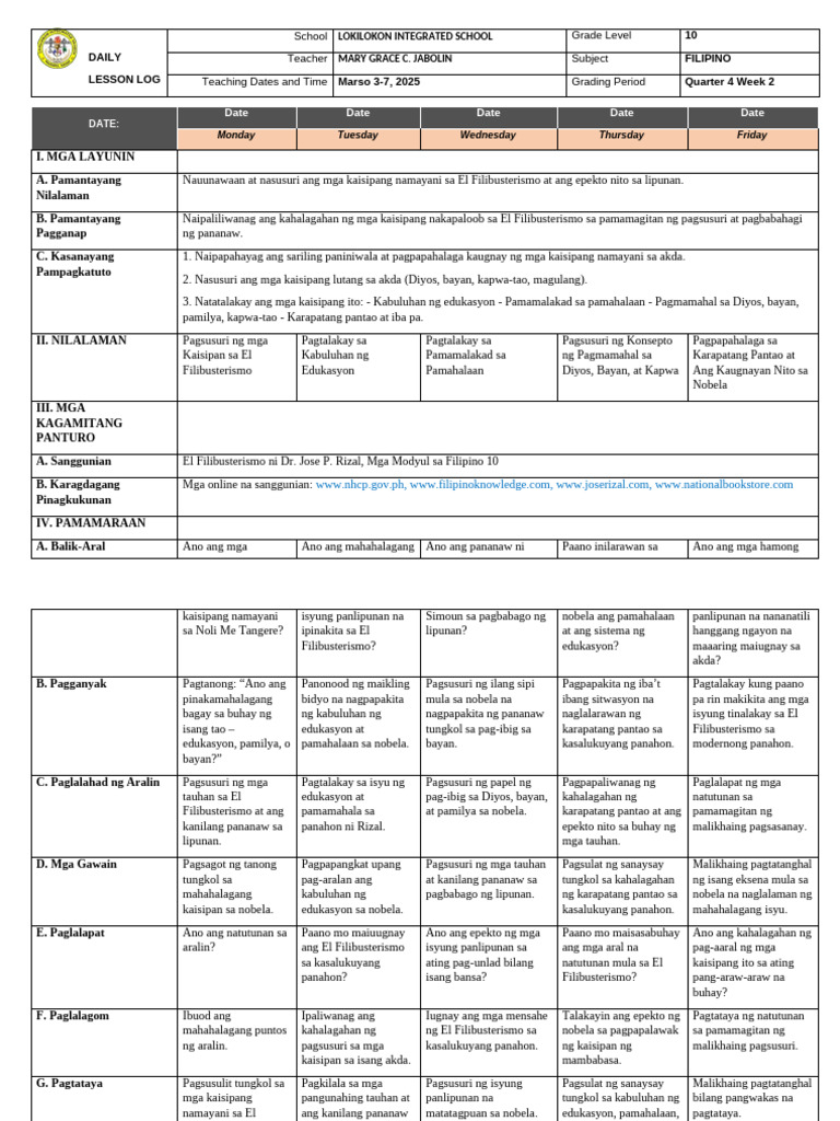 DLL G10 FILIPINO Q4 Week 4 | PDF