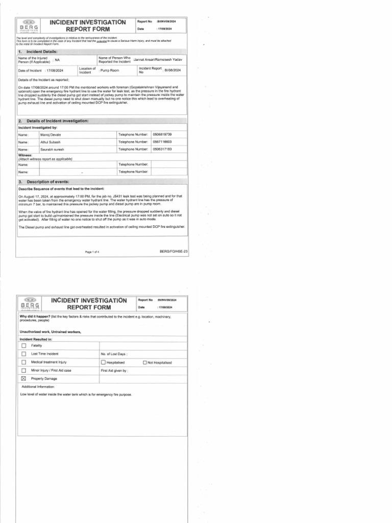 Pump Room Incident Report | PDF