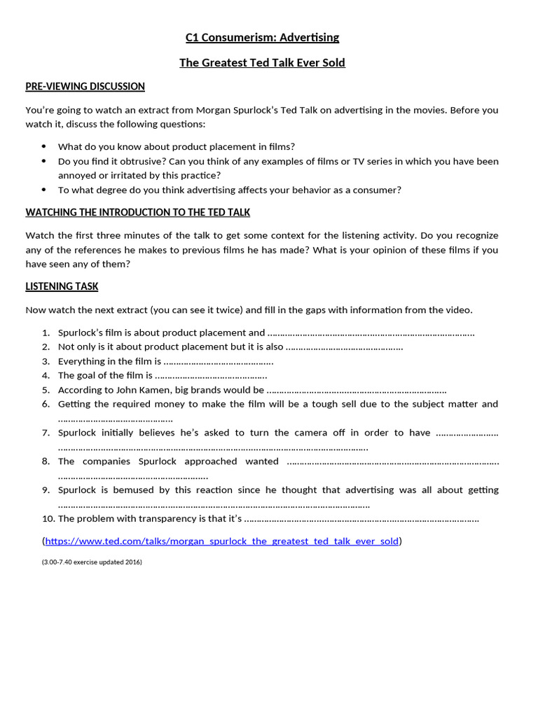 C1_CONSUMERISM_Advertising_Morgan_Spurlock_Ted_Talk_-1- | PDF