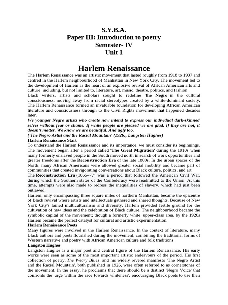 S.Y.B.a. Unit 1 Notes | PDF | Harlem Renaissance | Poetry