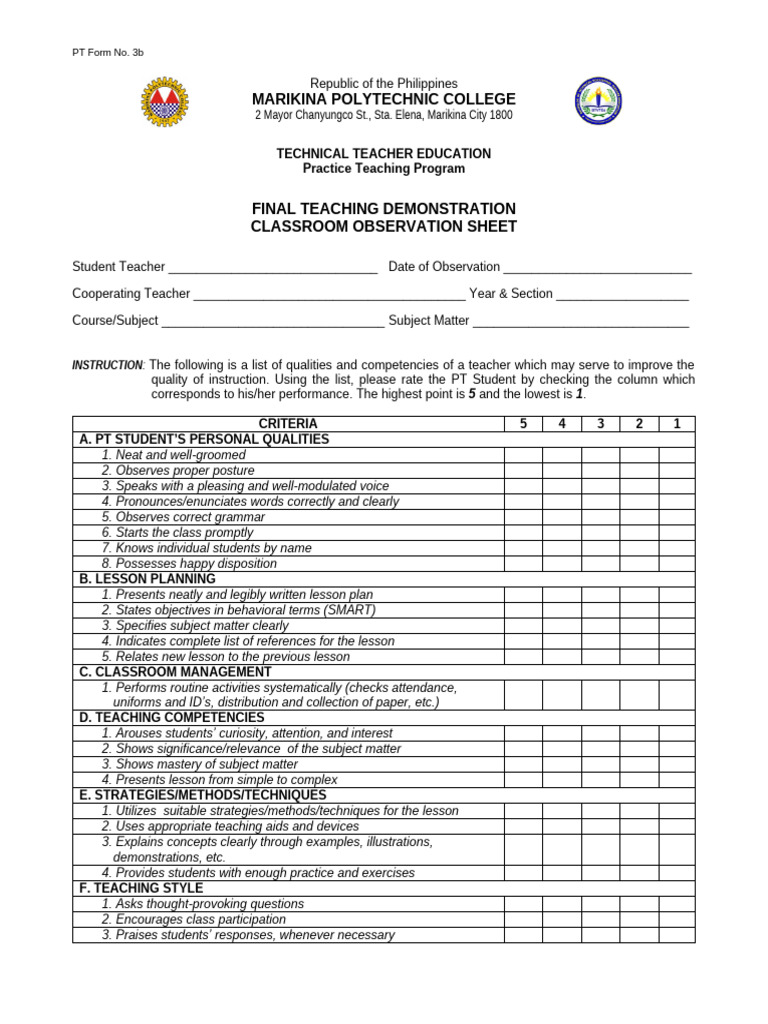 TEMPLATE - FINAL DEMO TEACHING - OBSERVATION SHEET Copy1 | PDF | Teachers | Classroom Management