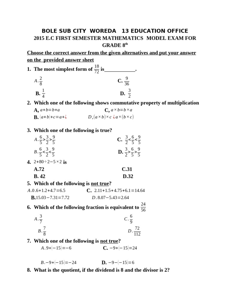 Math Grade 8 Model 2015 | PDF | Division (Mathematics) | Mathematical ...