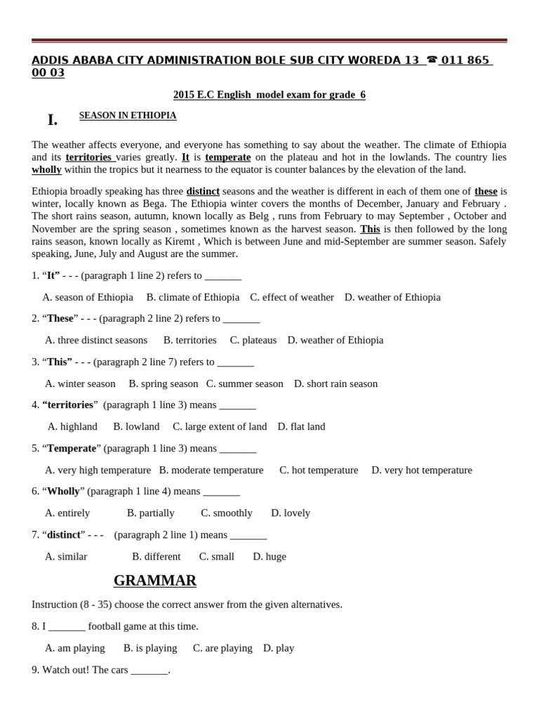 Grade 6 English Model Exam 2015 E.C. | PDF | Calendar | Ethiopia