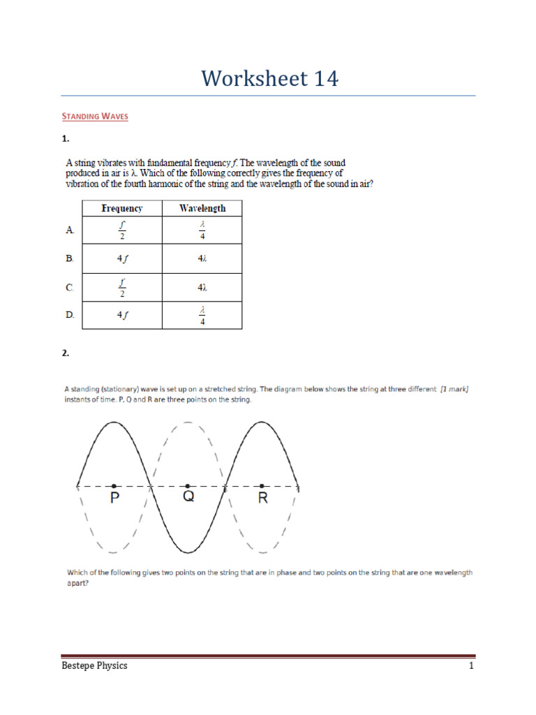 Worksheet For Standing Waves | PDF