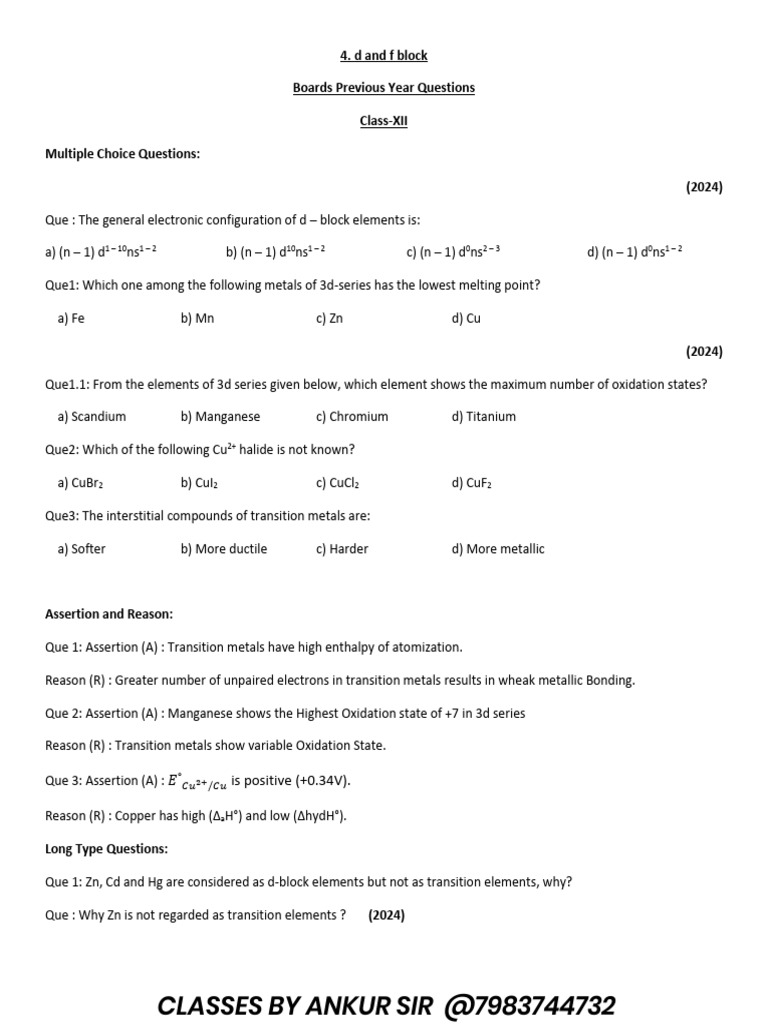 CHEM-12 PYQ_ D F BLOCK | PDF | Transition Metals | Manganese