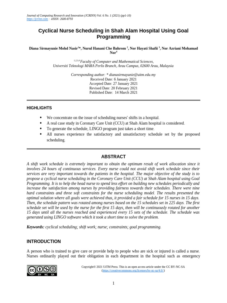 1 - (PP 1-10) Cyclical Nurse Scheduling in Shah Alam Hospital Using Goal Programming | PDF ...