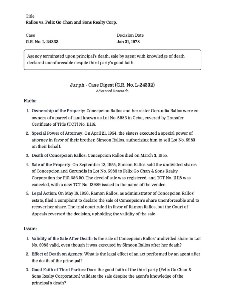 Rallos v. Felix Go Chan Case Digest | PDF | Real Property | Public Law