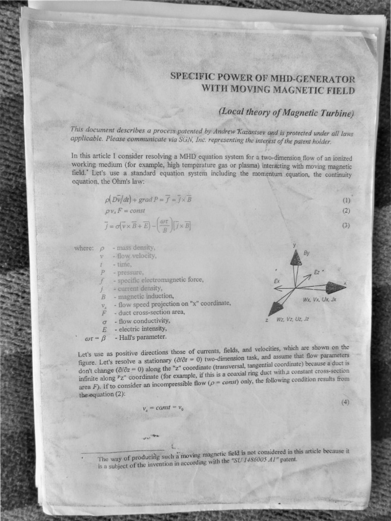 Soviet MHD Generator Magnetic Bladeless Turbine Theory and - Andrew Kazantsev - SU 1486005A1, 2 ...