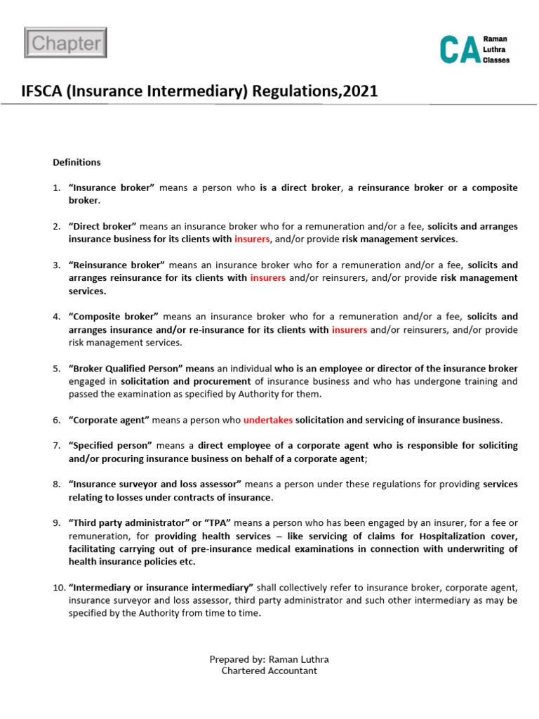 IFSCA (Insurance Intermediary) Regulations, 2021: Insurers | PDF ...