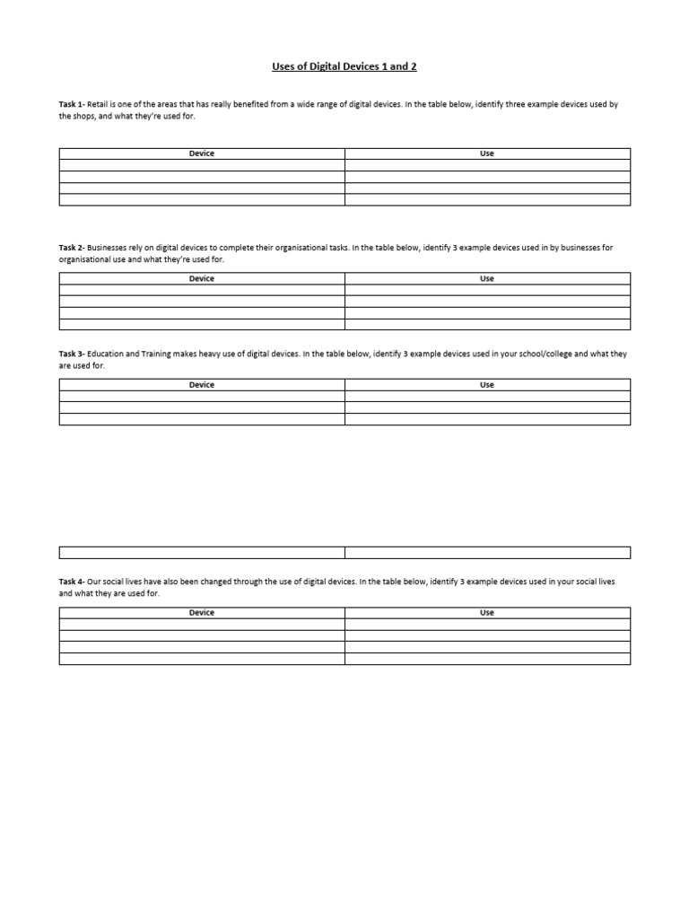 Worksheet - Uses of Digital Devices 1 and 2 Activity | PDF