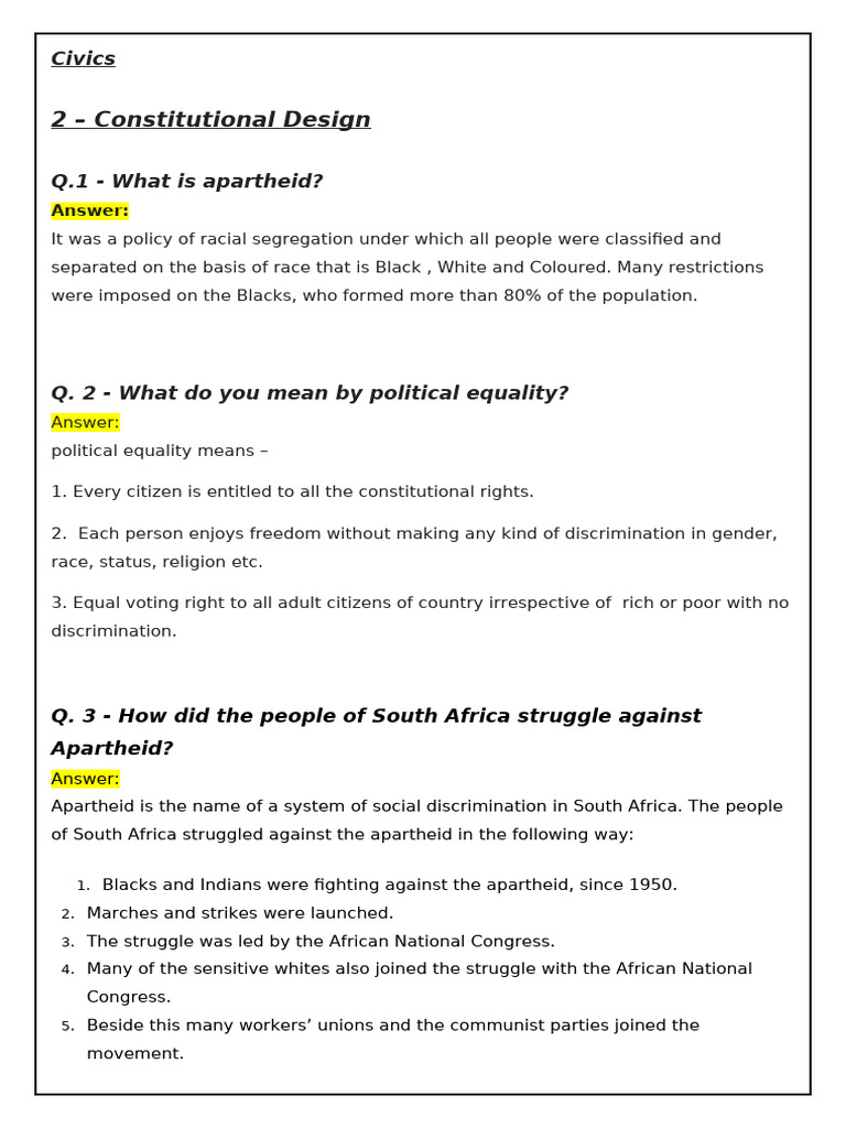 9th Civ CH 2 Constitutional Design | PDF | Apartheid | Discrimination