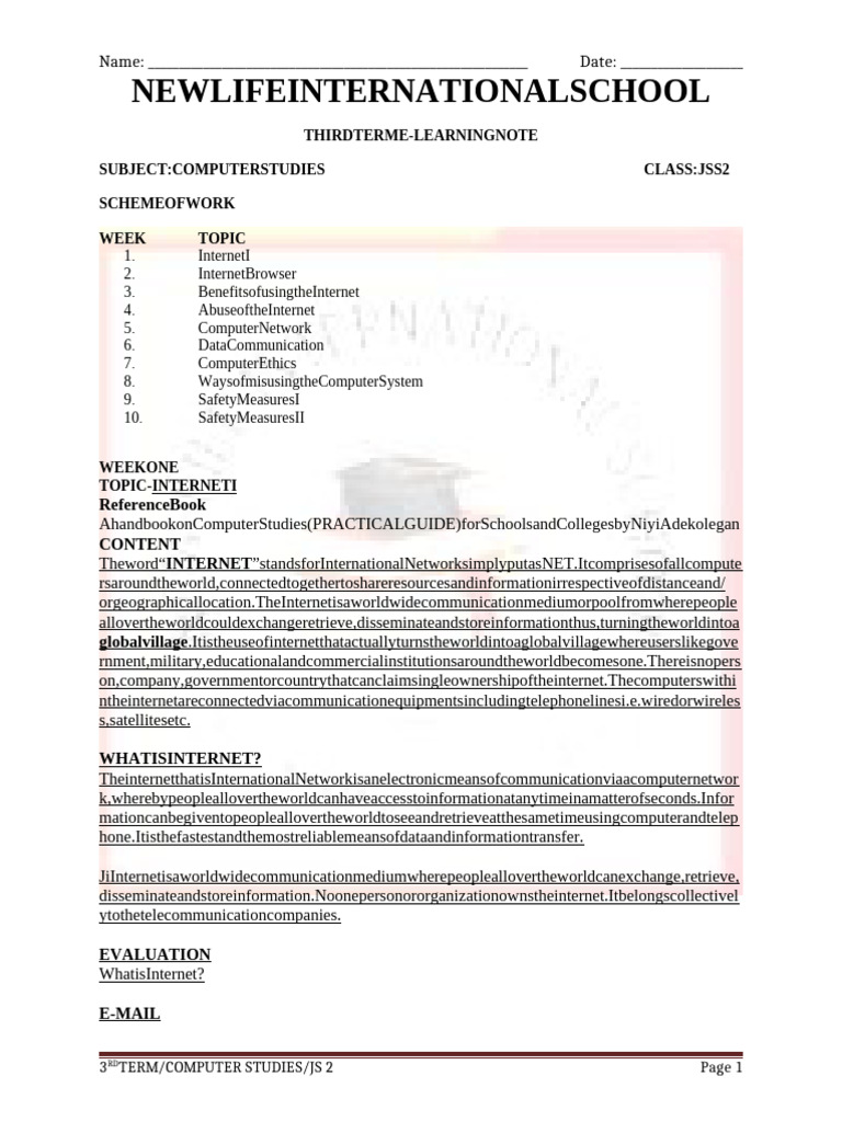 JSS2 Computer Studies Term 3 Notes | PDF | World Wide Web | Internet & Web