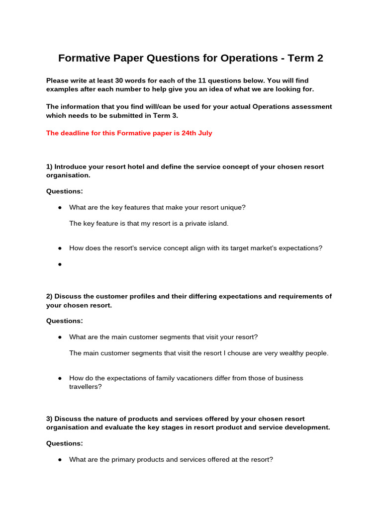 Formative Paper Questions For Operations - Term 2 | PDF | Business ...