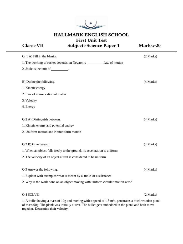 Class 9 Science Paper 1 Unit Test 1 (2024-25) | PDF