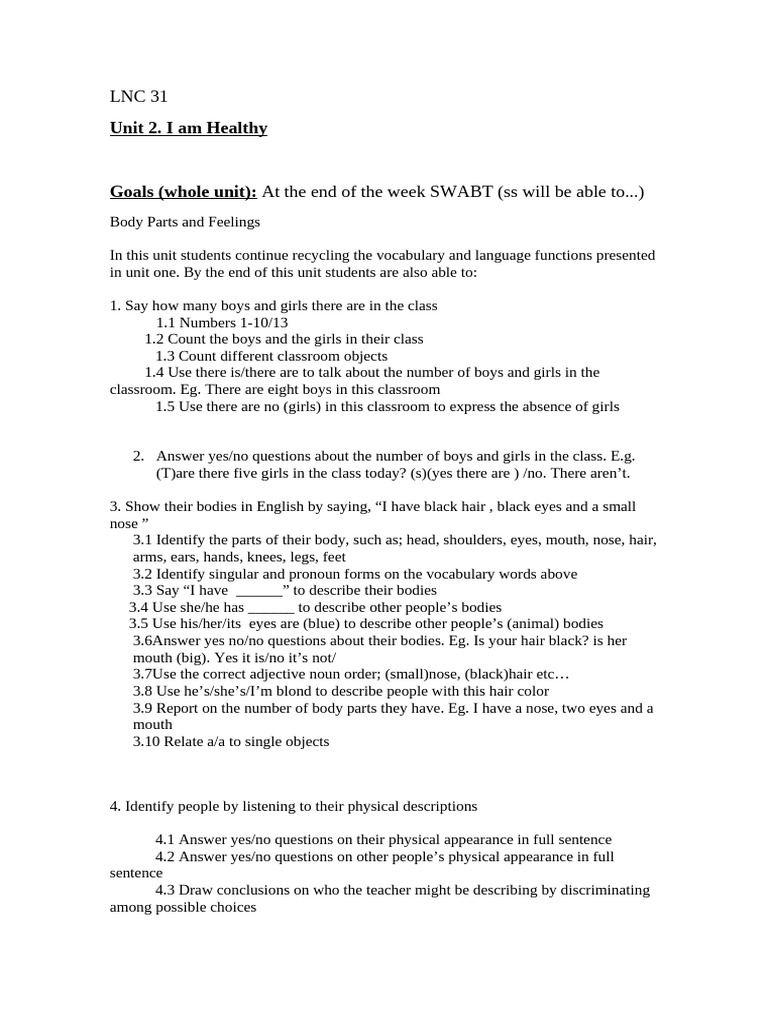 Body Parts and Healthy Habits Unit | PDF | Adjective | Linguistics