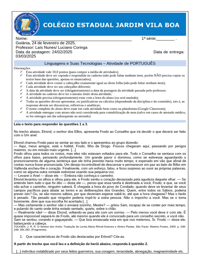 Ativ. 5 - Classroom - Port. - 1 Série | PDF | O Senhor dos Anéis