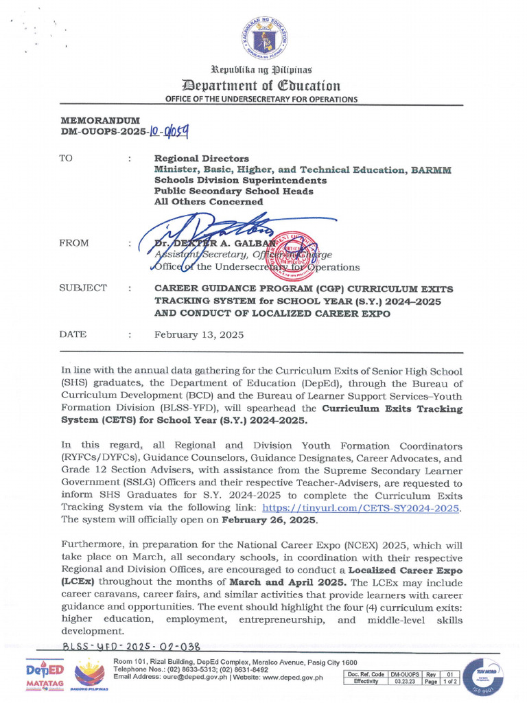 DM OUOPS 2025 10 01059 Career Guidance Program CGP Curriculum Exits ...