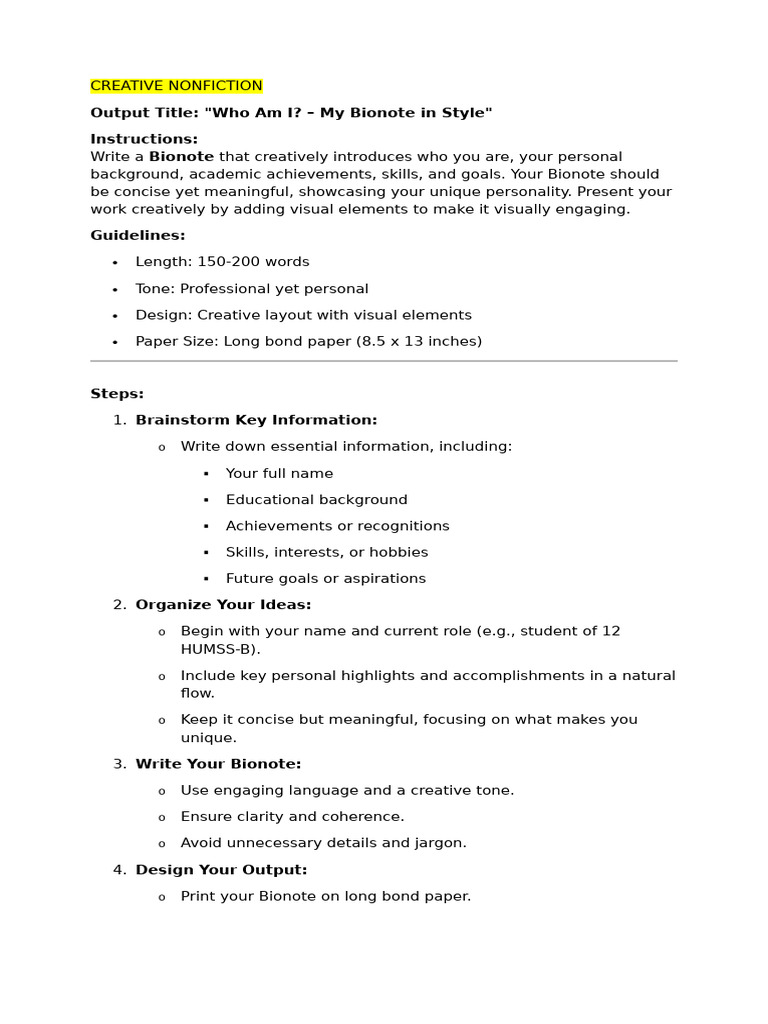 "Crafting Your Creative Bionote" | PDF | Infographics