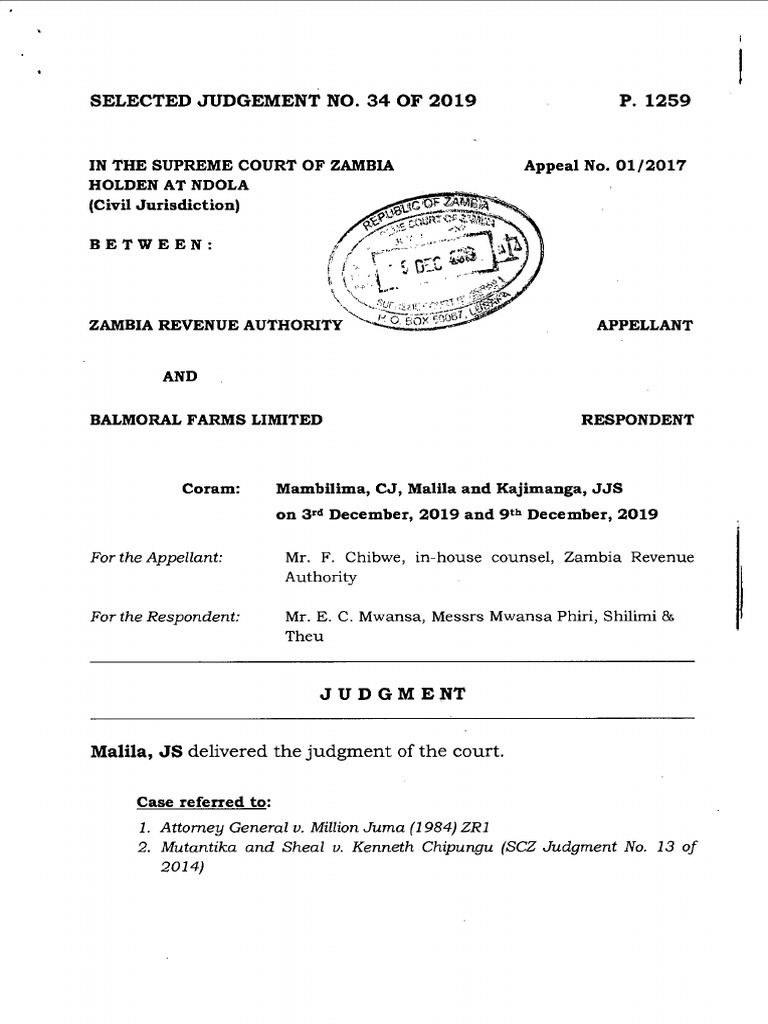 Zambia Revenue Authority V Balmoral Farms Limited | PDF | Value Added ...