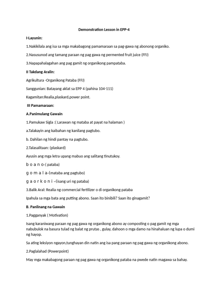 Demonstration Lesson in EPP | PDF