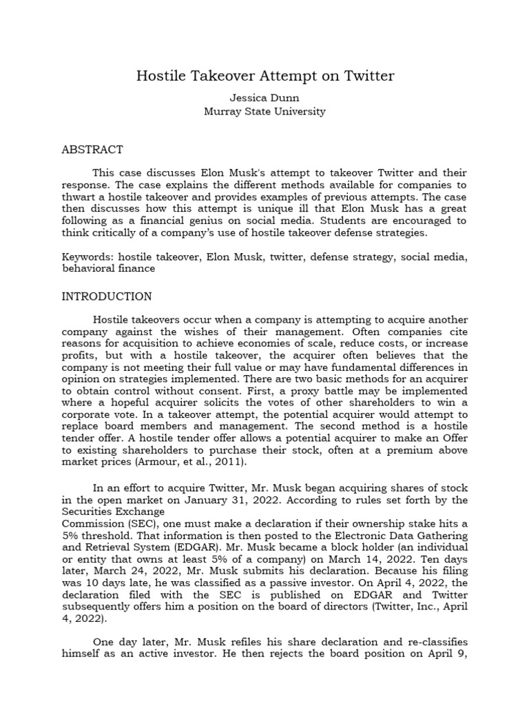 Hostile Takeover Attempt On Twitter - 23 24 | PDF | Takeover | Elon Musk
