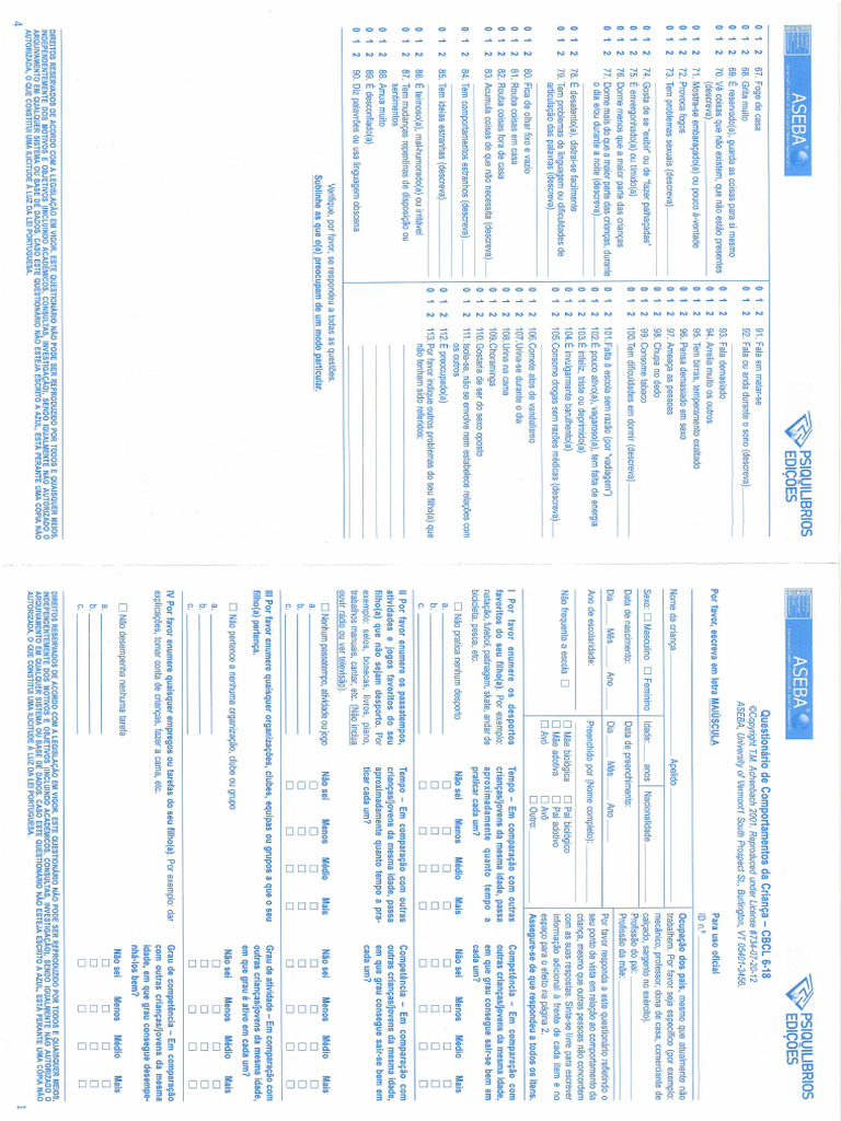 ASEBA - CBCL 6-18A - Q. Comportamentos Da Criança | PDF