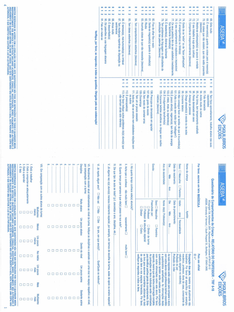 ASEBA - TRF 6-18A - Q. Comportamentos Da Criança | PDF