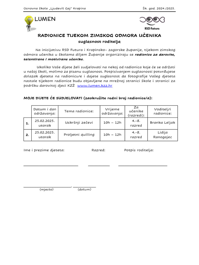 Suglasnost Roditelja 1 | PDF