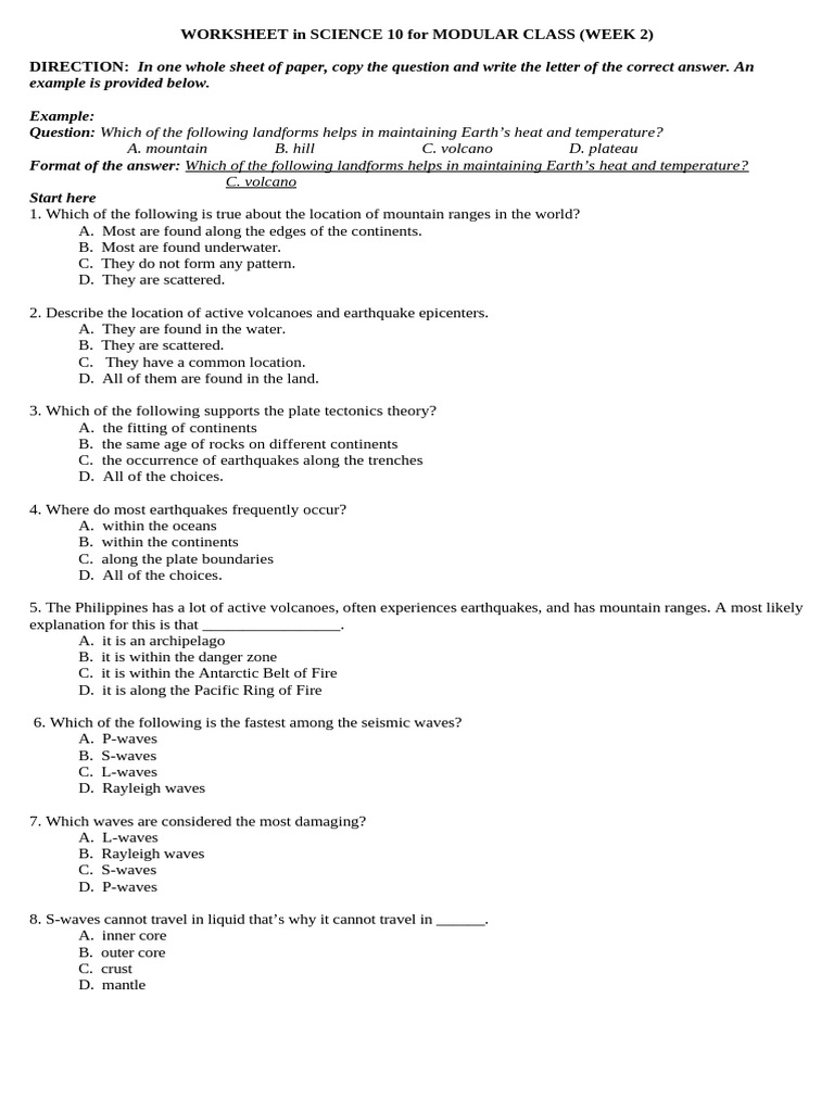 Worksheet Modular Class Long Test W2 | PDF | Seismology | Earthquakes