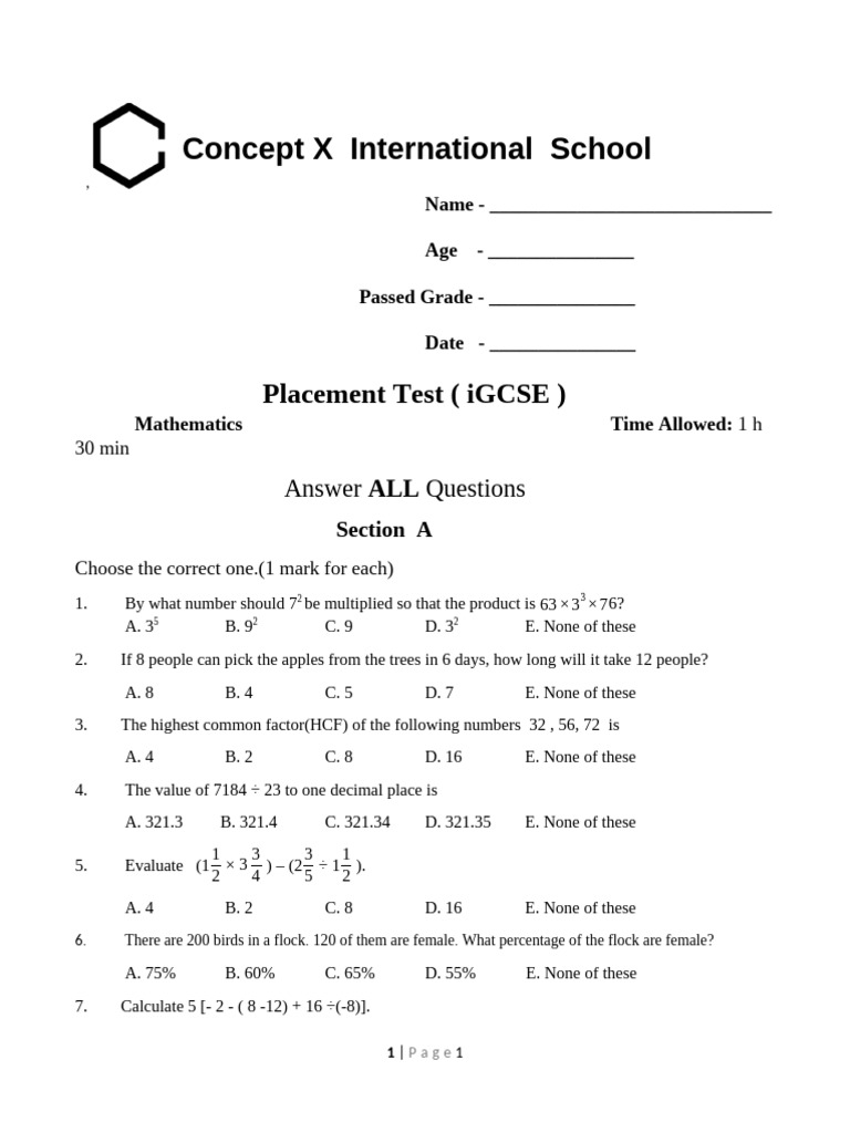 Placement Test Question SET 1 | PDF | Applied Mathematics | Mathematics