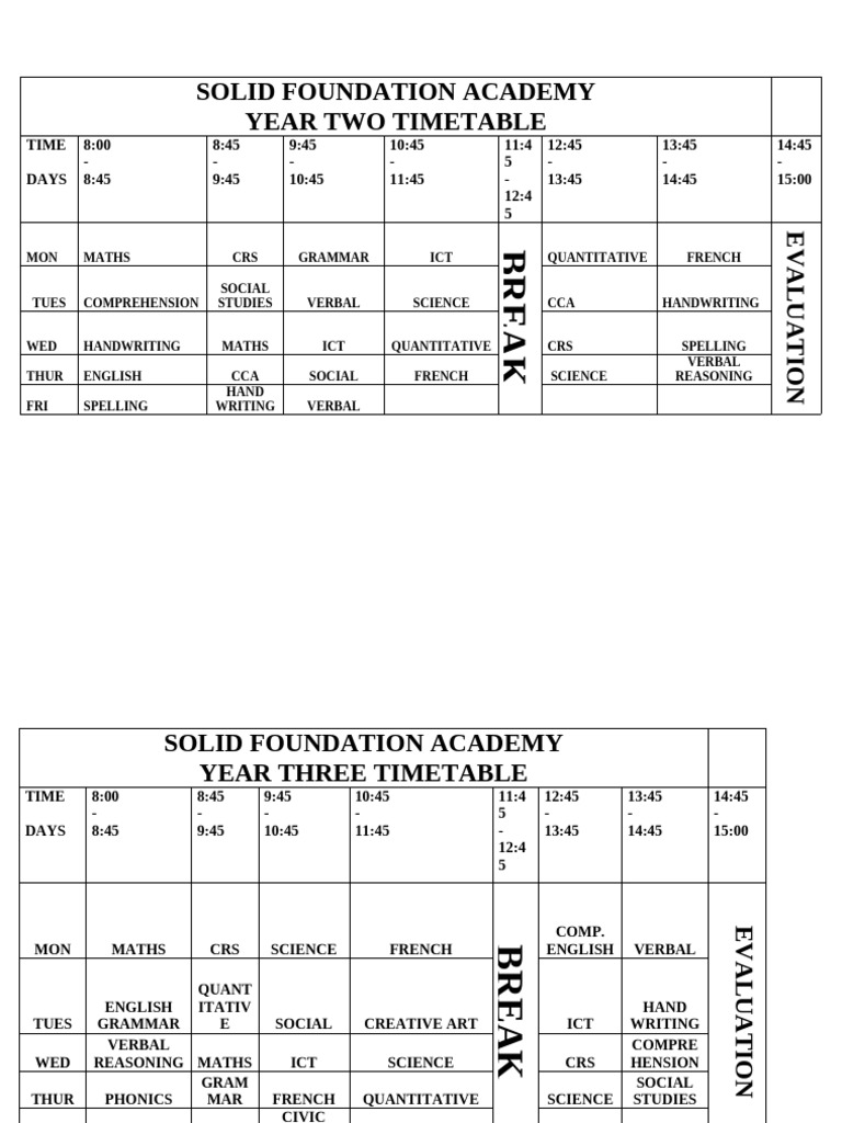 Solid Foundation Academy Primary Timetable | PDF | Reading (Process ...