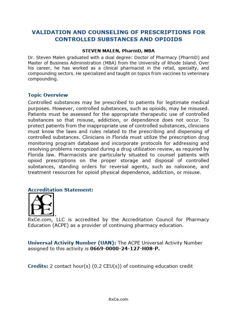 Controlled Prescription Validation and Counseling Ceu | PDF | Medical Prescription | Opioid