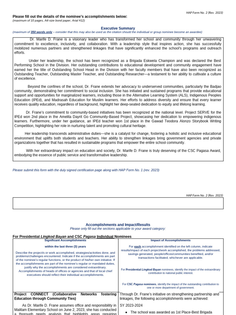 HAP Form No. 2 Rev. 2023 Accomplishment Form and Certification (Marife ...