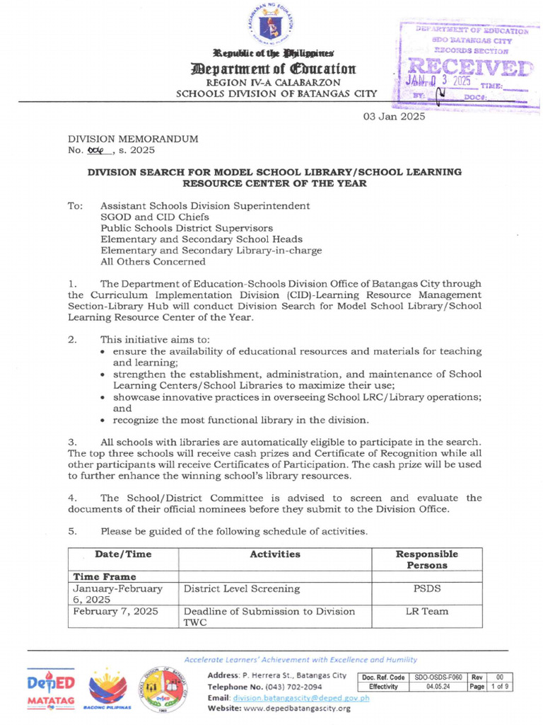 DIVISION MEMORANDUM No. 006, s.2025 Division Search For Model School Library, School Learning ...