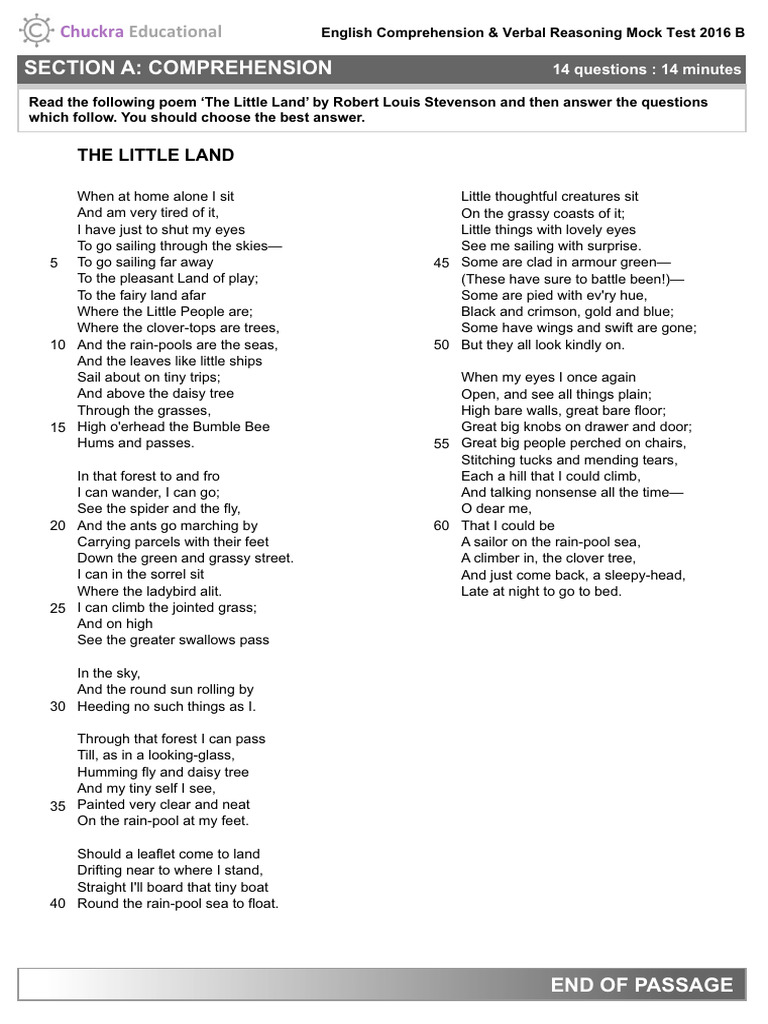 Chuckra Evr Mock Test 2016 D Comprehension The Little Land | PDF