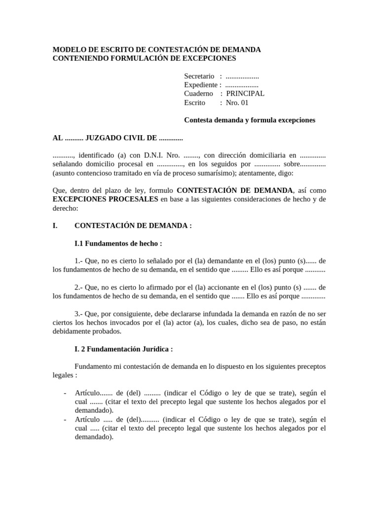 Modelo de Escrito de Contestación Conteniendo Formulación de ...
